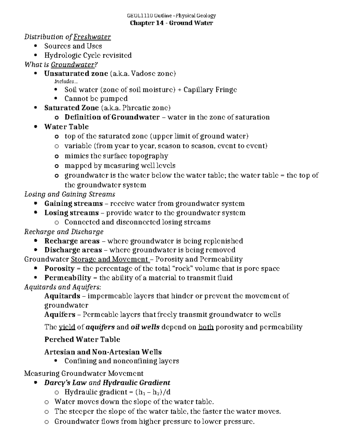 GEOL1110 Final Exam Study Guide - Ground Water and Hydrology Concepts ...