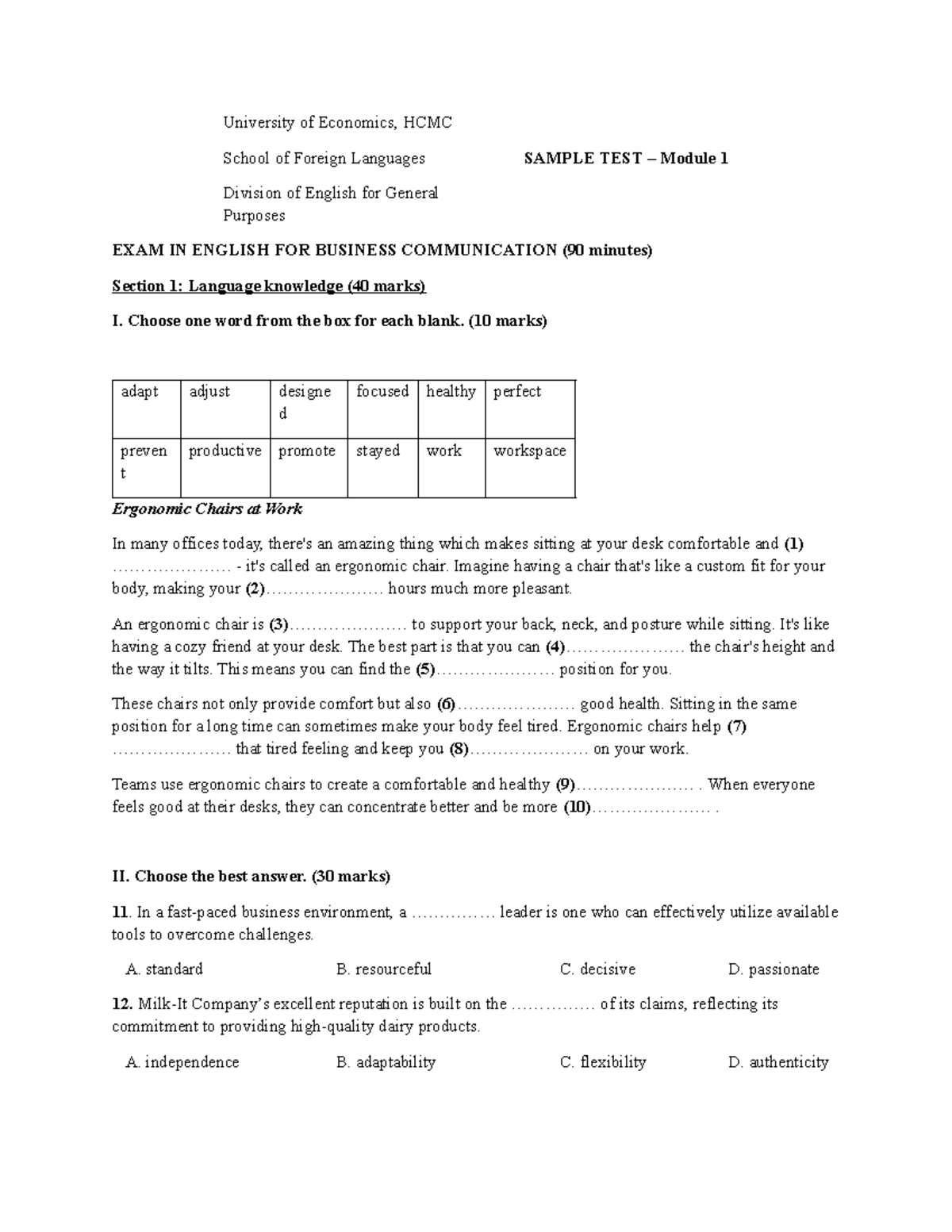 TATQ - English for Business Communication Exam Sample Test - Studocu
