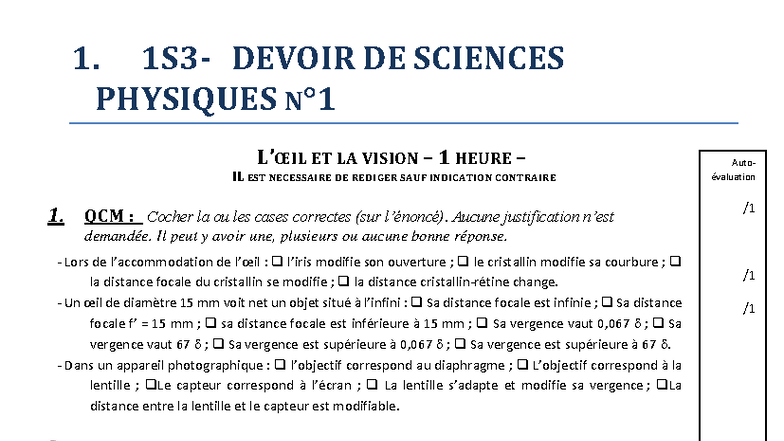 Devoir de Sciences Physiques - DS1 : Vision et Lentilles - Studocu