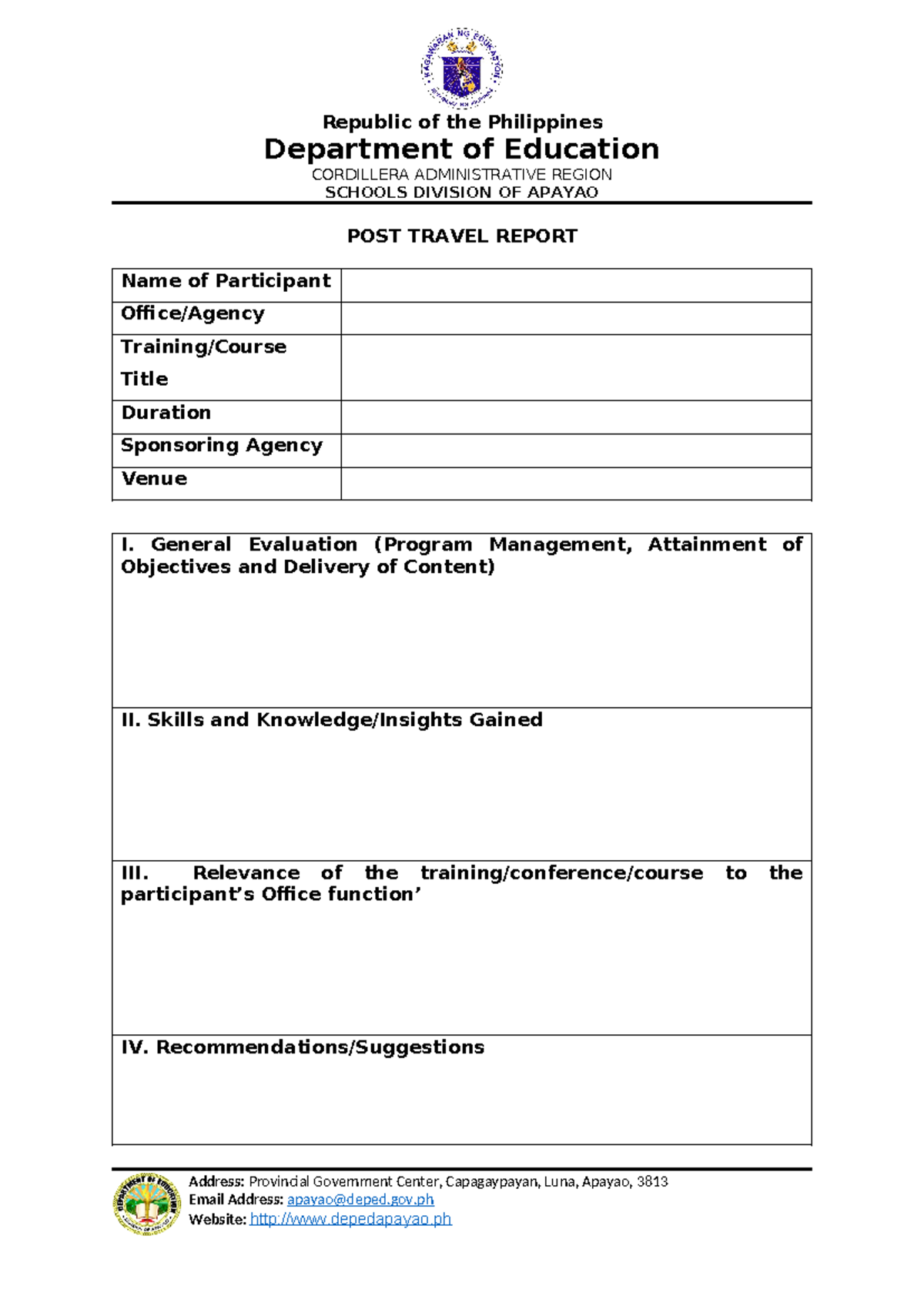 Post Travel Report - Republic of the Philippines Department of ...