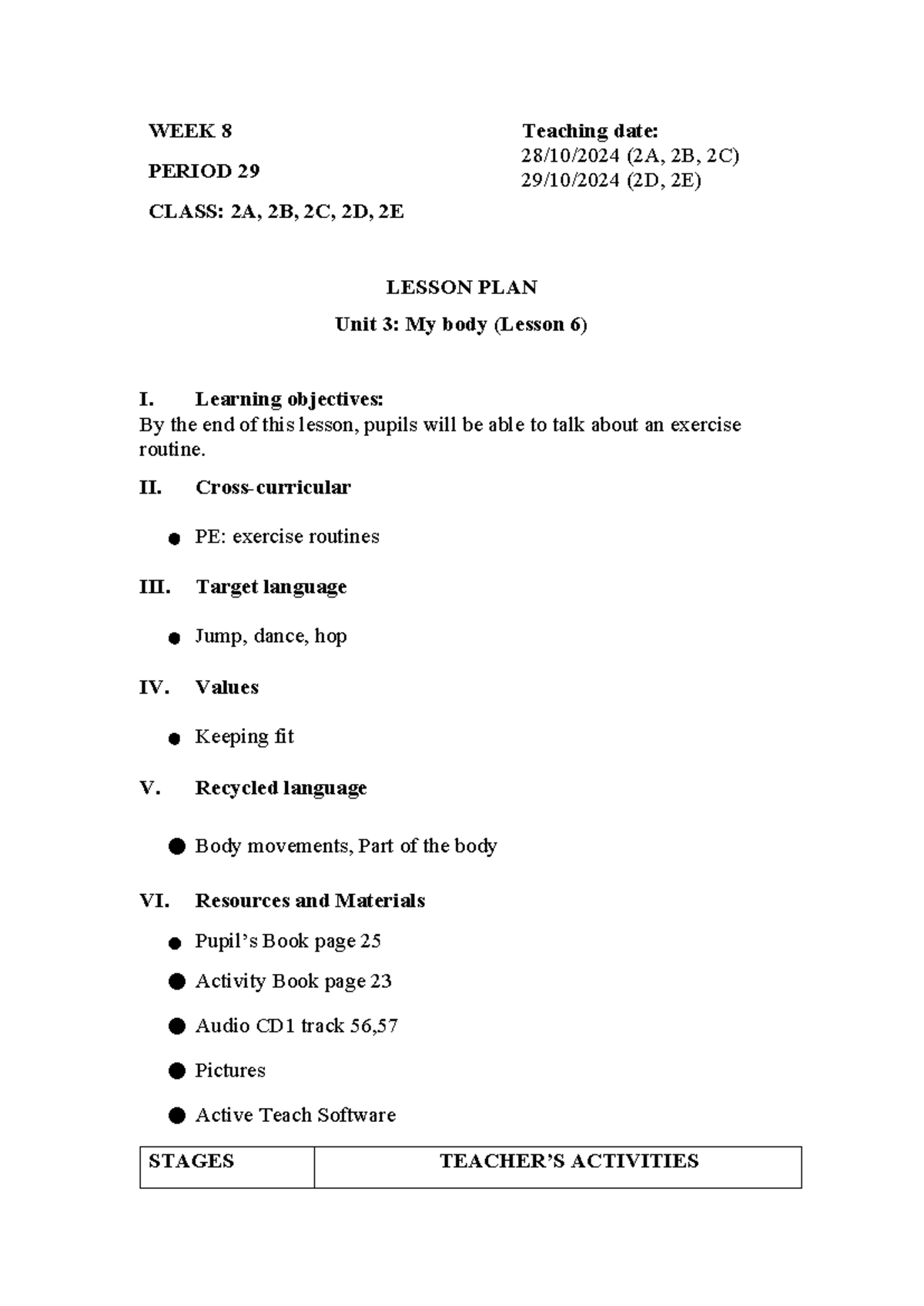 English 2 Week 8 Lesson Plans: My Body Unit 3 (Lessons 6-8) - Studocu