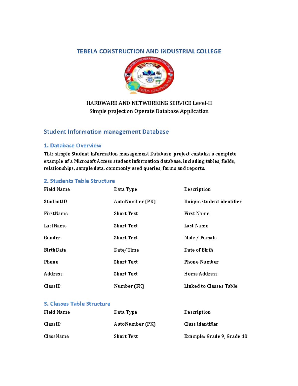 TEBELA COLLEGE: Complete Student Info Management Database Project - Studocu