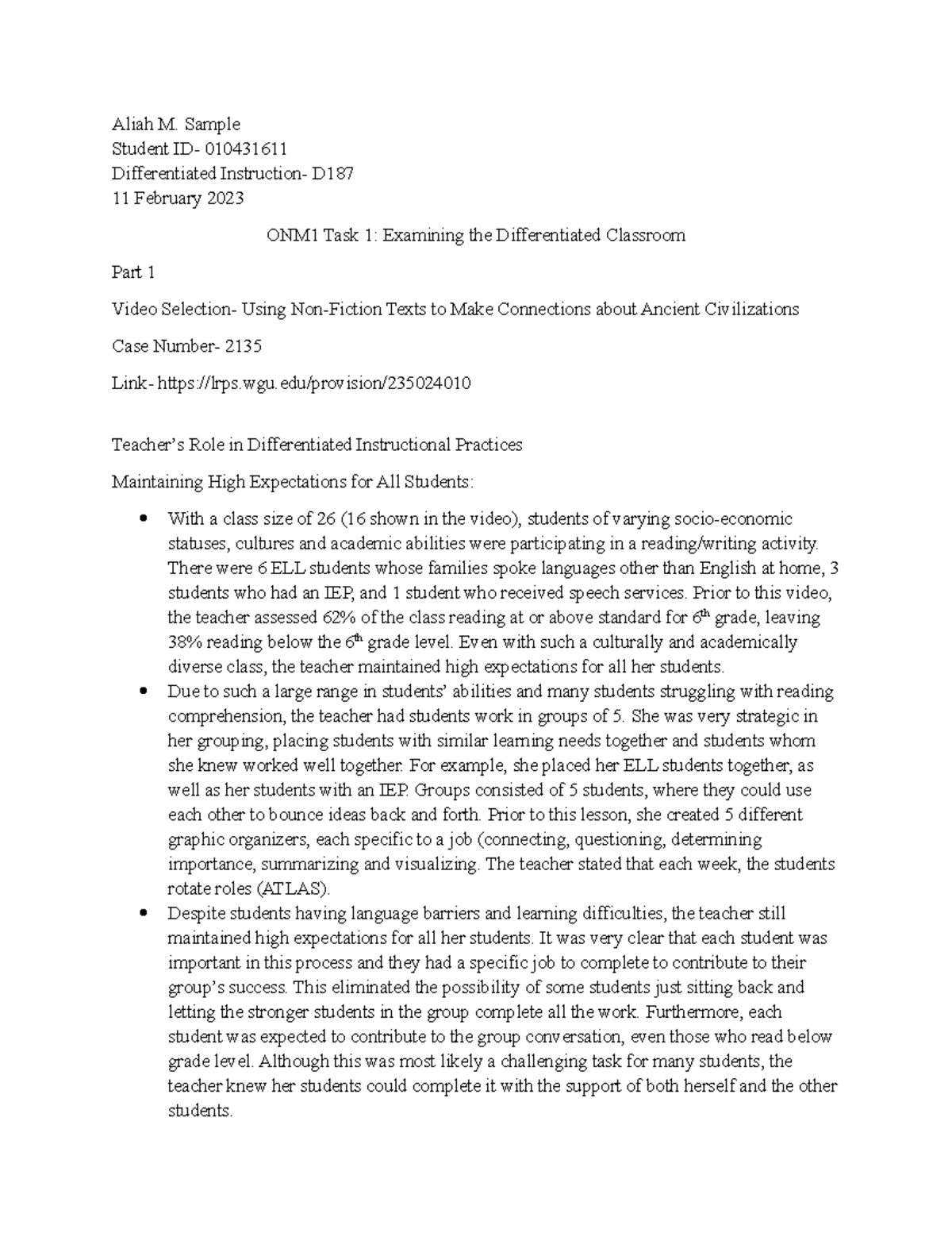 Examining the Differentiated Classroom Part 1 Video - Studocu