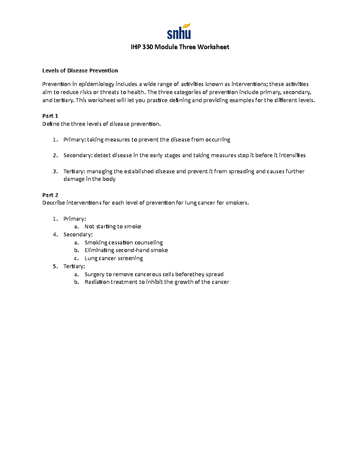 IHP 330 Module Three Worksheet: Levels of Disease Prevention Explained ...