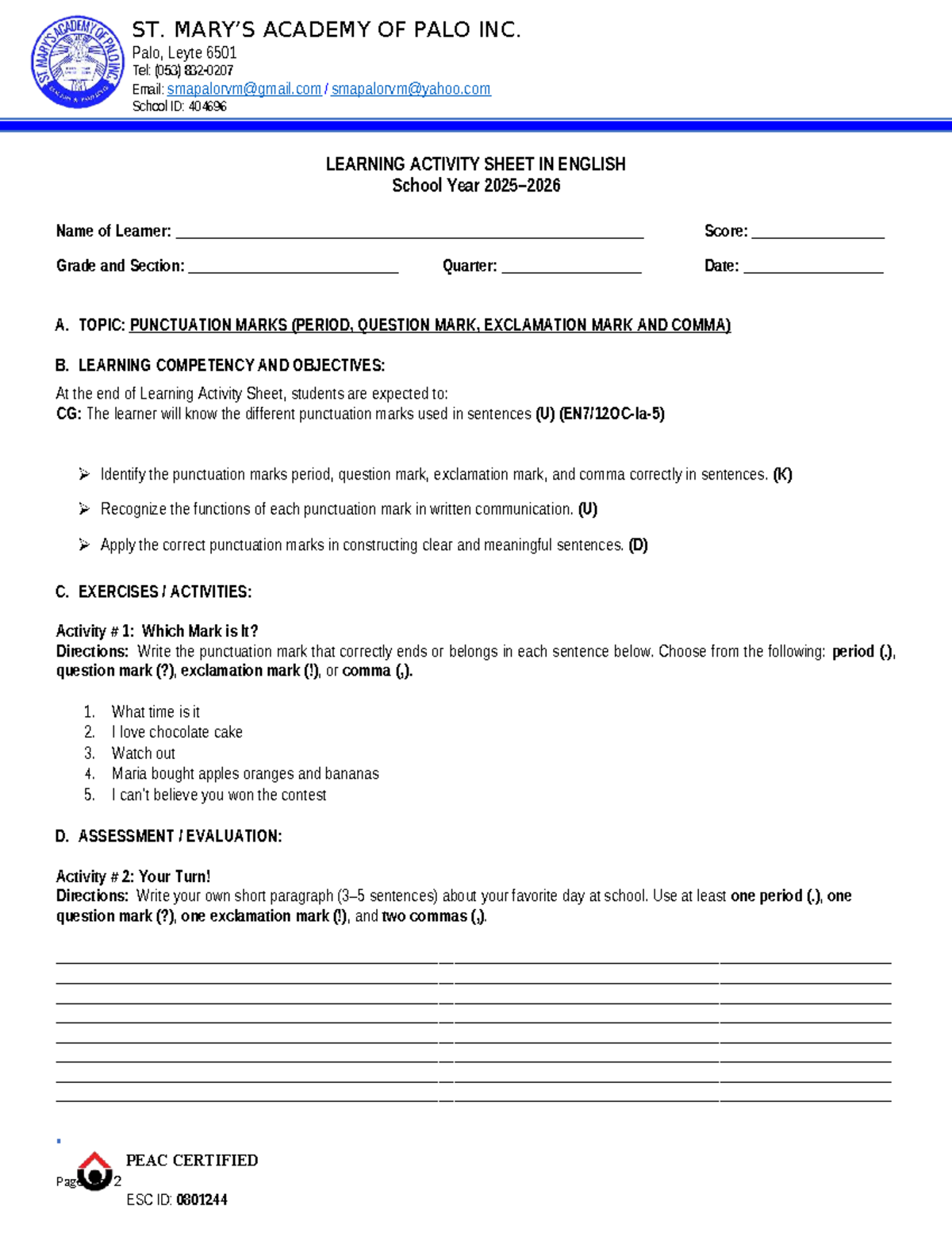 Learning Activity Sheet: Punctuation Marks in English 7 - Studocu