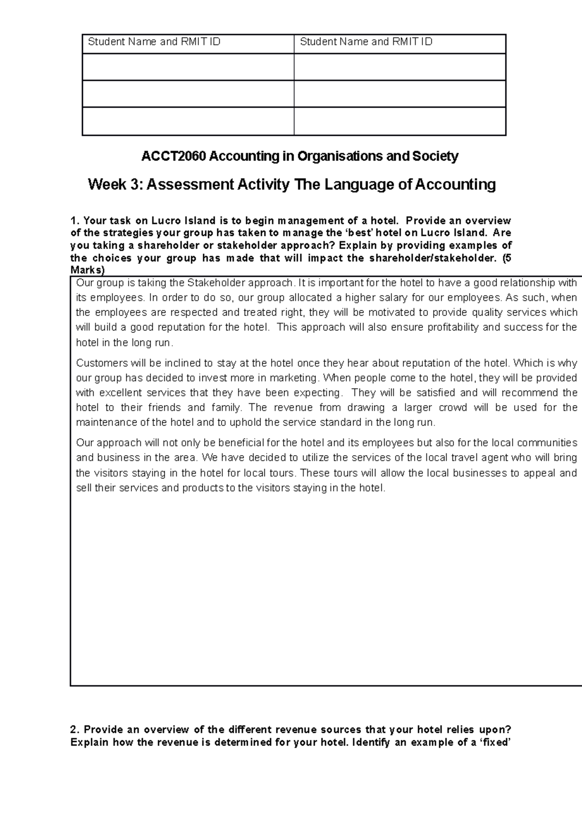 RMIT Acct 2060 Assignment 1 Lucro Island - Student Name and RMIT ID ...