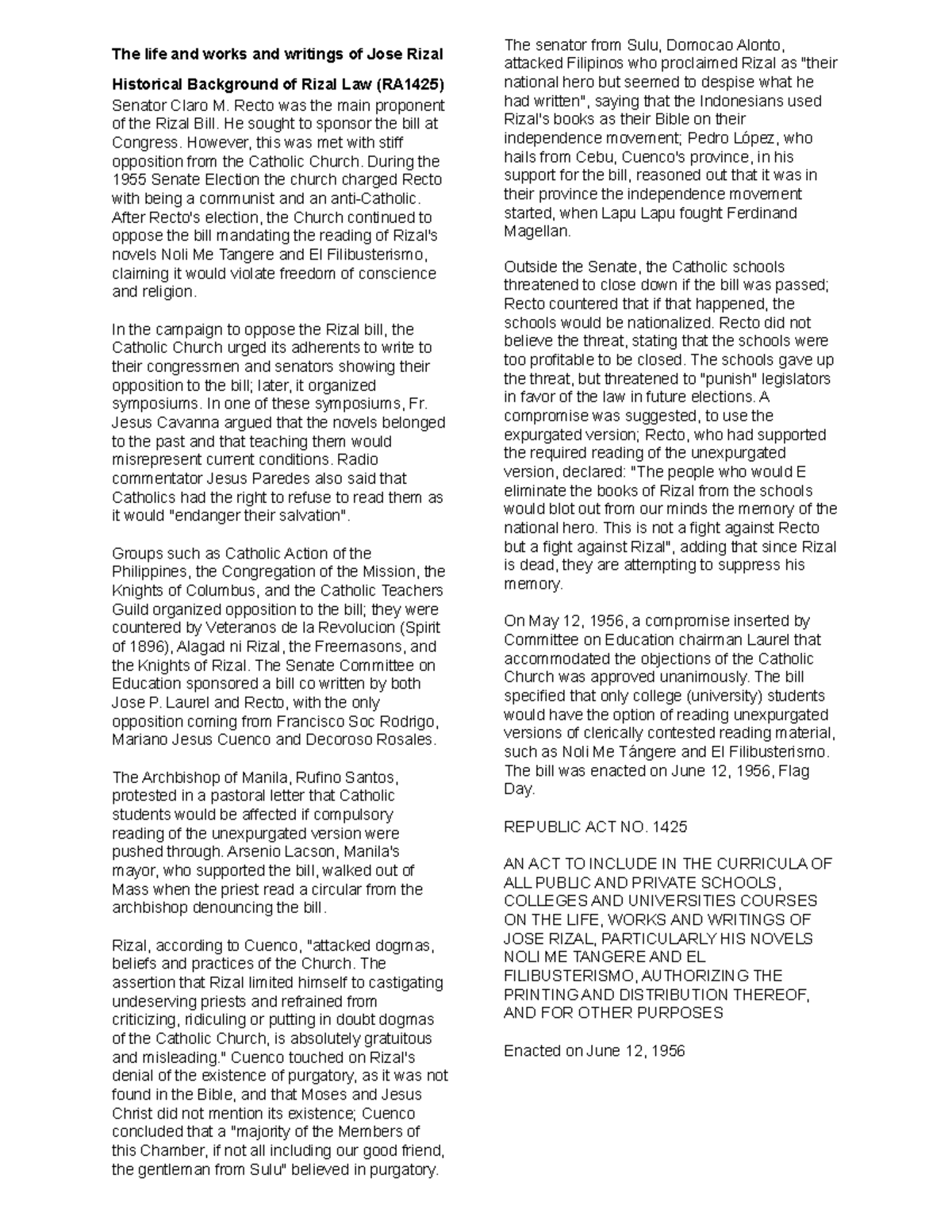 PI 100 - Analyzing Jose Rizal's Life and the Rizal Law (RA1425) - Studocu