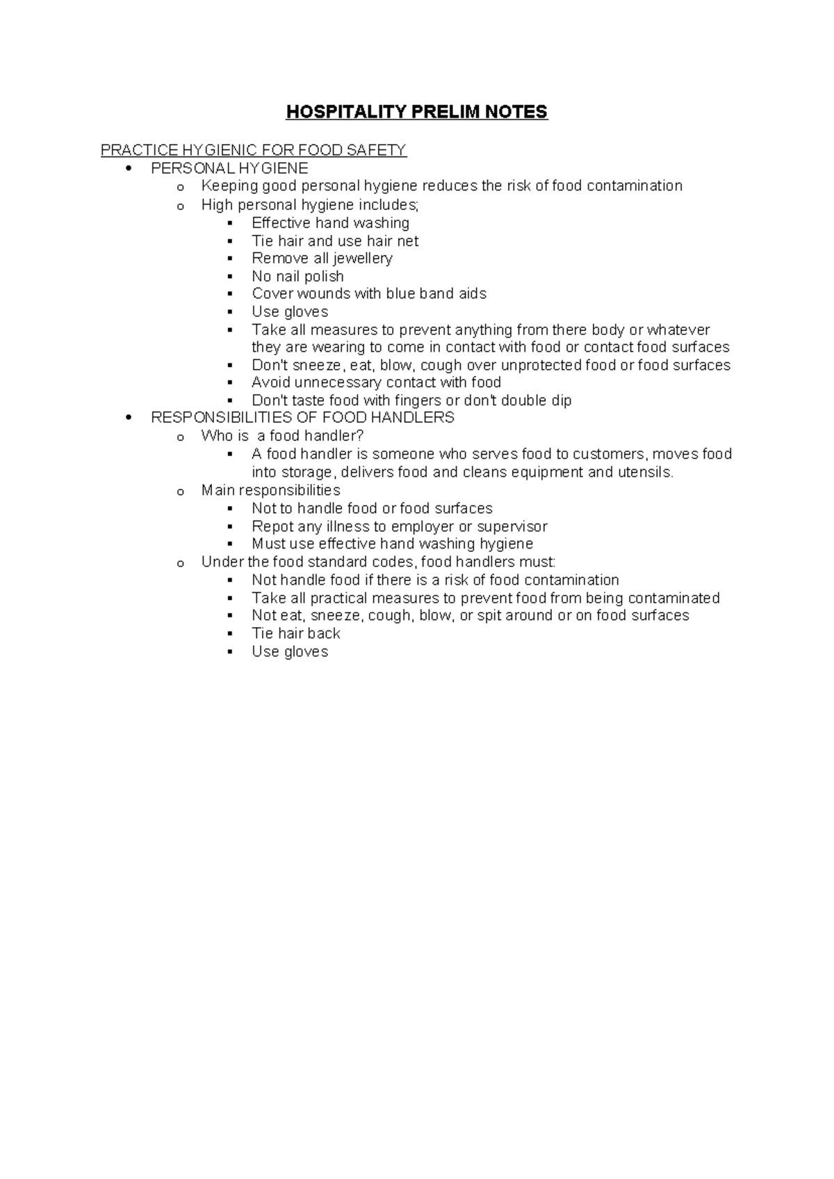 HOSPITALITY 101: PRELIM NOTES ON FOOD SAFETY & HANDLING PRACTICES - Studocu