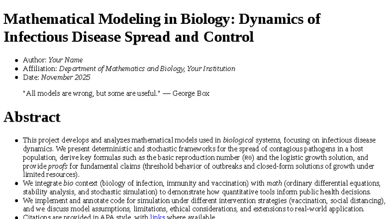Mathematical Modeling in Biology: Infectious Disease Dynamics (MATH ...