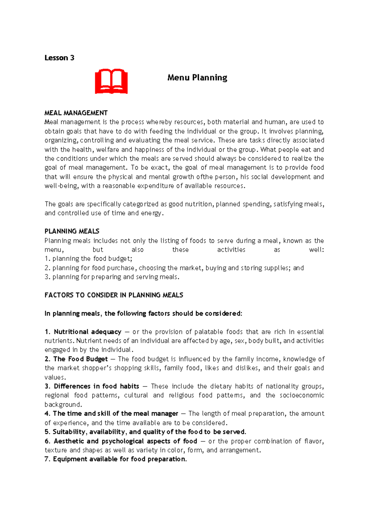 Effective Meal Management and Menu Planning - Lesson 3 - Studocu