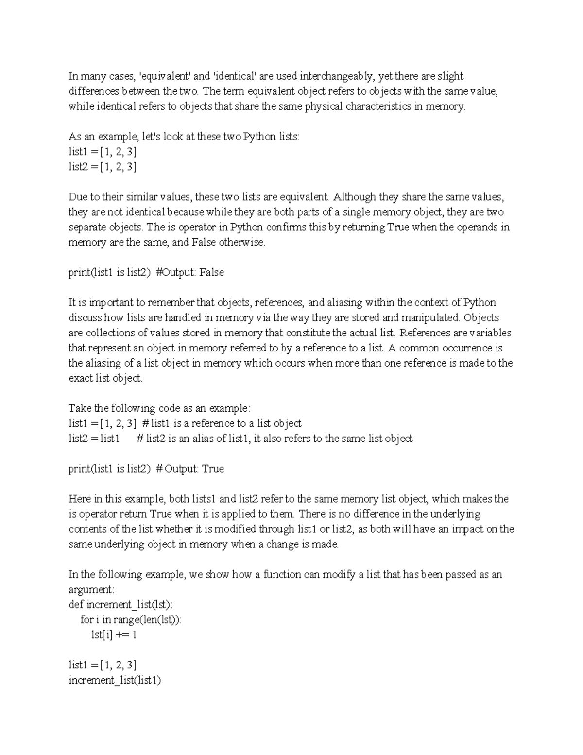 Programming Fundamentals UNIT 6: Understanding Object Equivalence in Python - Studocu