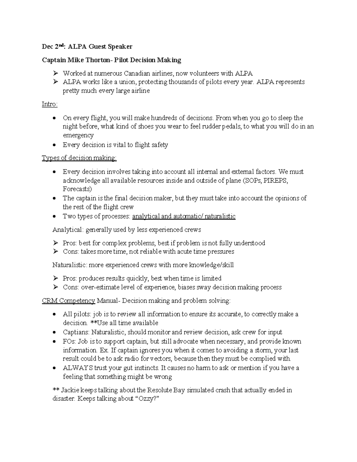 Dec 2: ALPA Guest Speaker - Captain Mike on Pilot Decision Making - Studocu