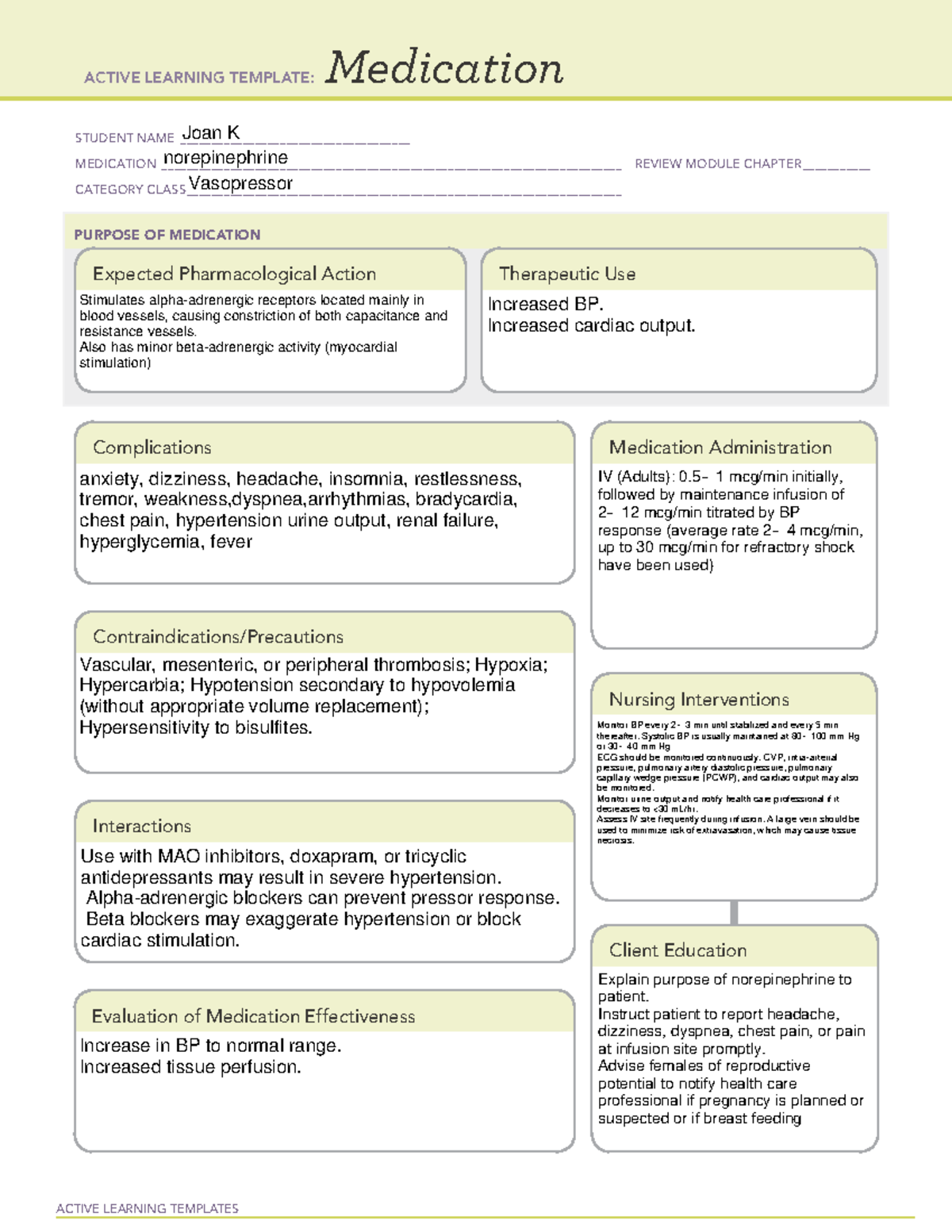 Norepinephrine Medication Review - Active Learning Templates - Studocu