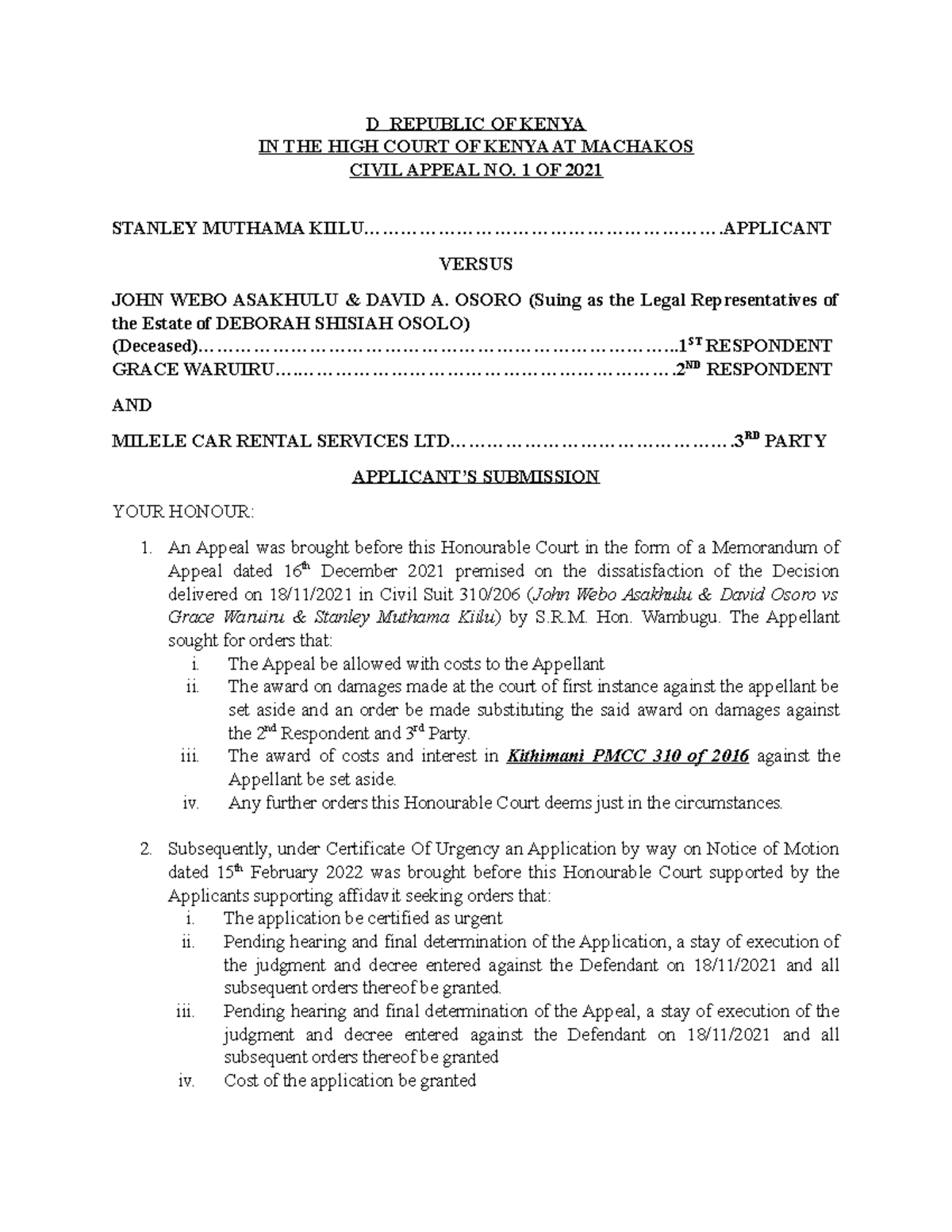 Submission for Stay of Execution in Civil Appeal No. 1 of 2021 - Studocu