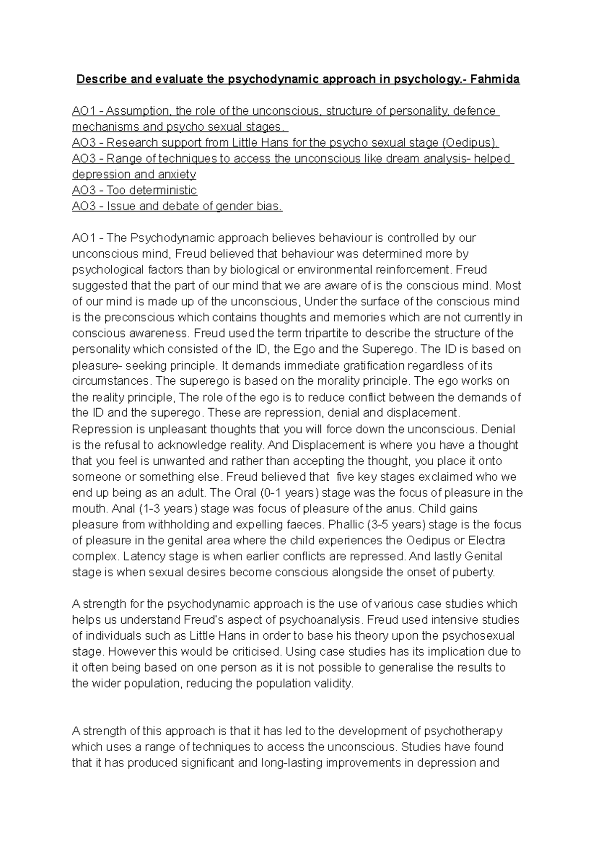 Psychodynamic Approach Essay Analysis - AP Psychology 101 - Studocu