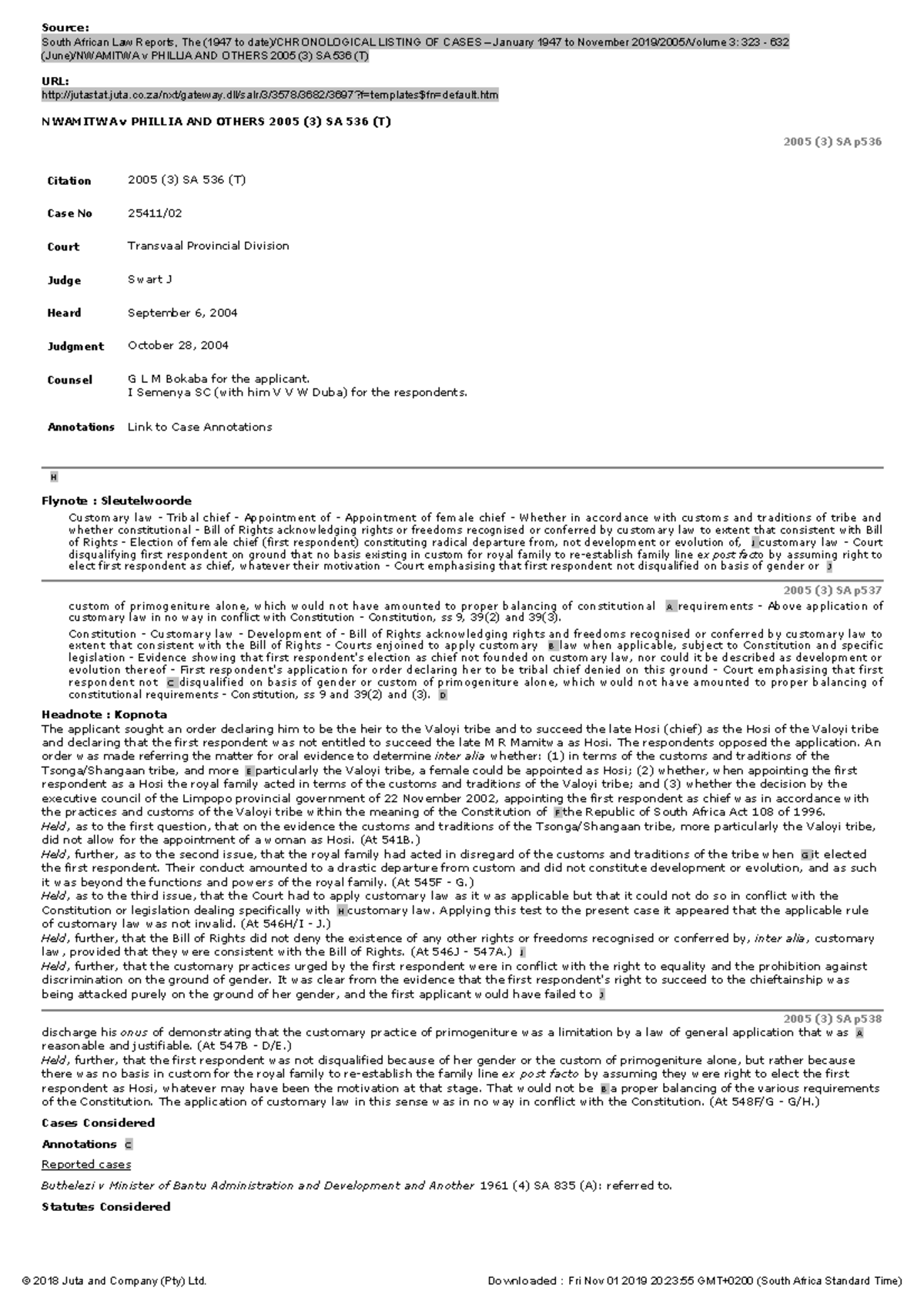 Nwamitwa v Phillia AND Others 2005 (3) SA 536 (T) - - Studocu