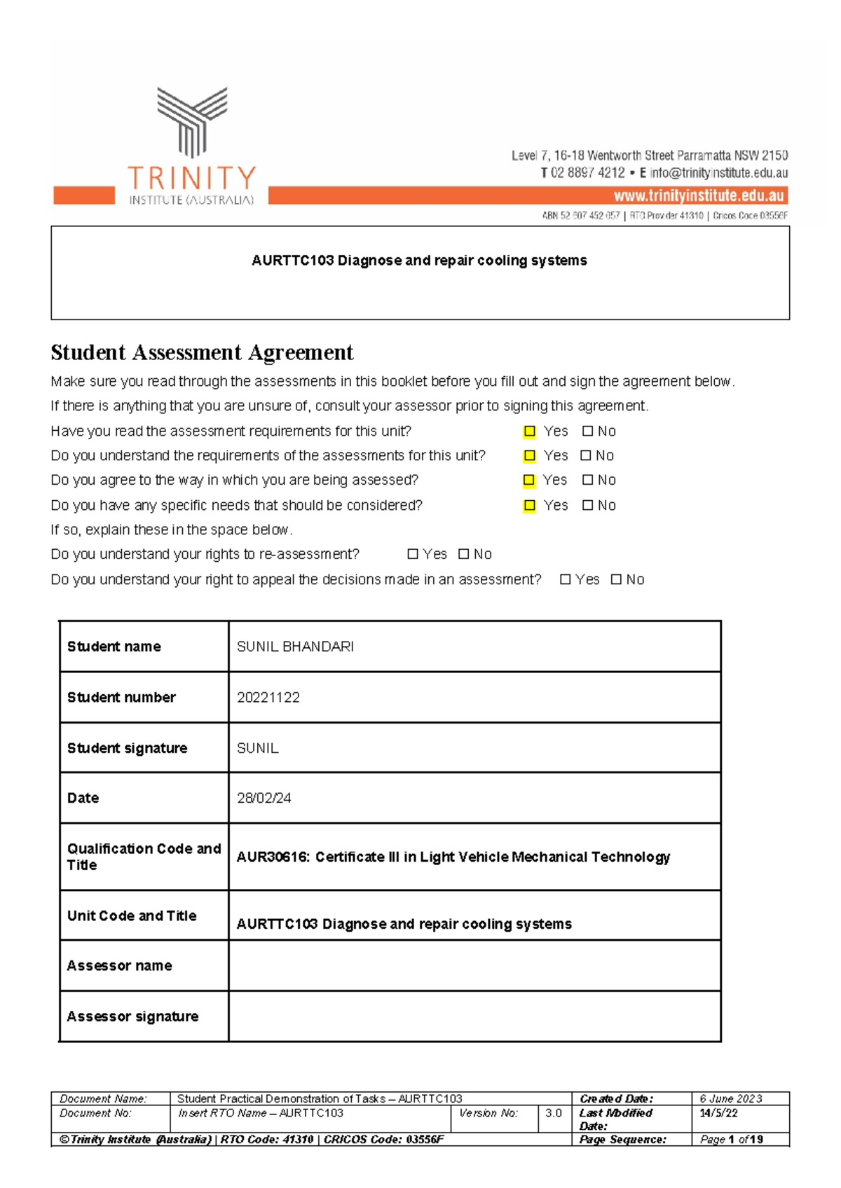 AURTTC103 - Student Assessment Agreement and Practical Demonstration ...