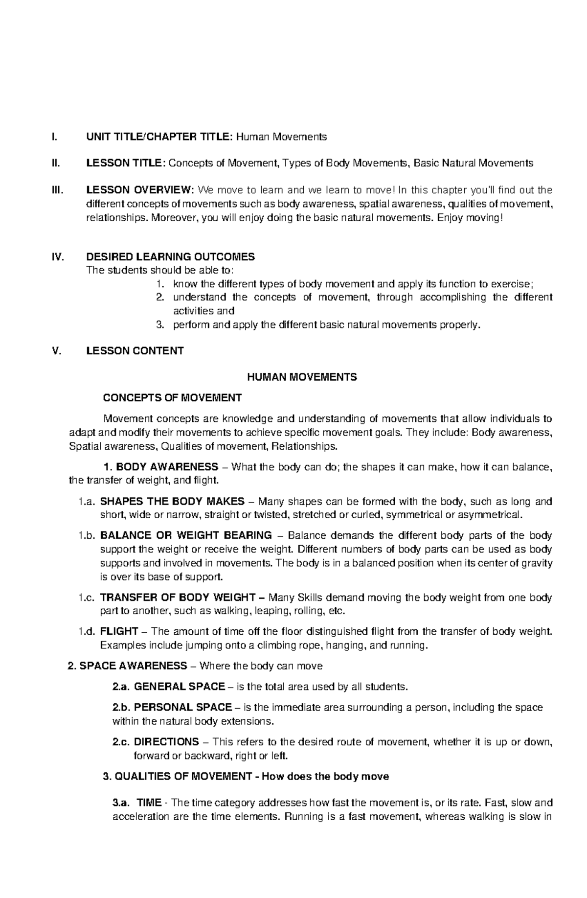 Physical Education PE101 - Lesson 4: Concepts of Human Movement - Studocu