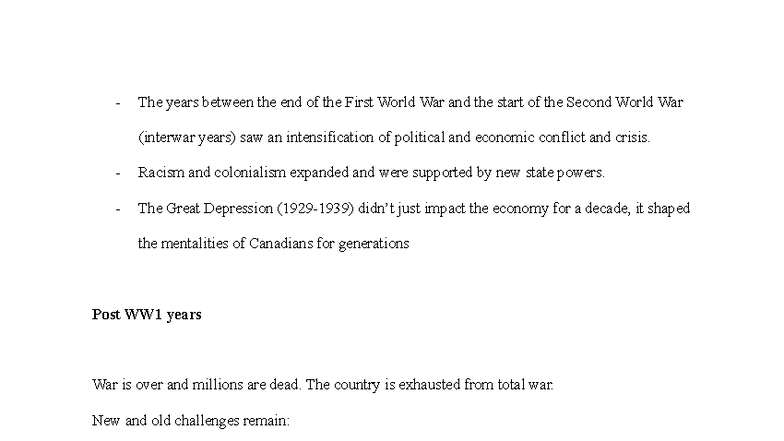 POST WW1 - Lecture Notes on Interwar Years and Social Changes - Studocu