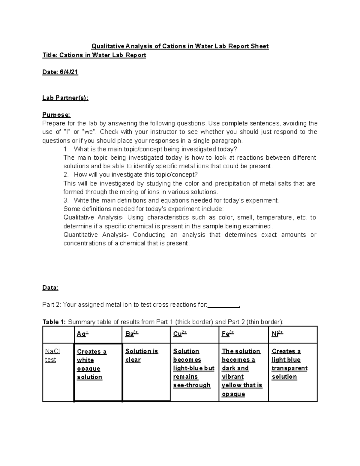 Qualitative Analysis Lab-2: Cations in Water Experiment Report - Studocu