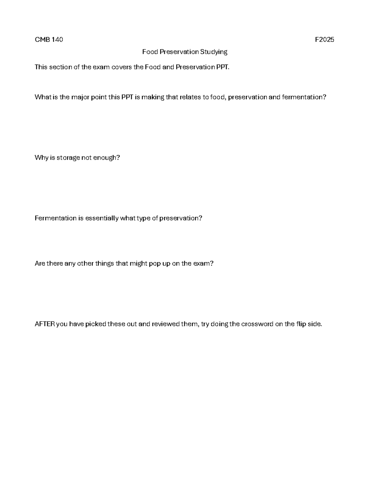 CMB 140 F2025 Final Exam Study Guide: Food Preservation & Fermentation ...