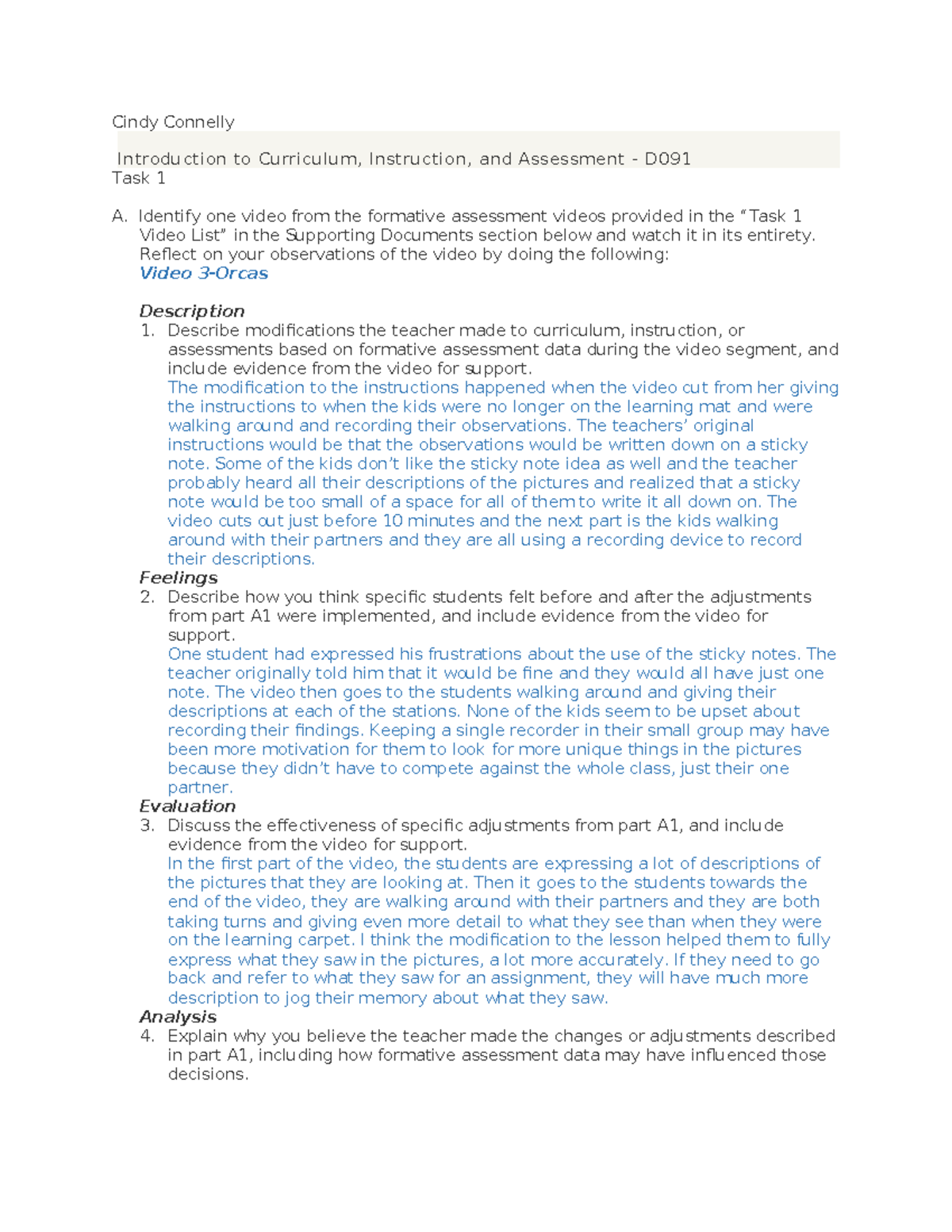 D091 Task 1 - Passed first attempt - Cindy Connelly Introduction to Curriculum, Instruction, and ...
