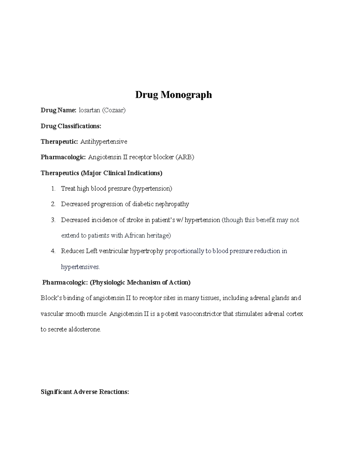 drug monograph a - Drug Monograph Drug Name: losartan (Cozaar) Drug ...