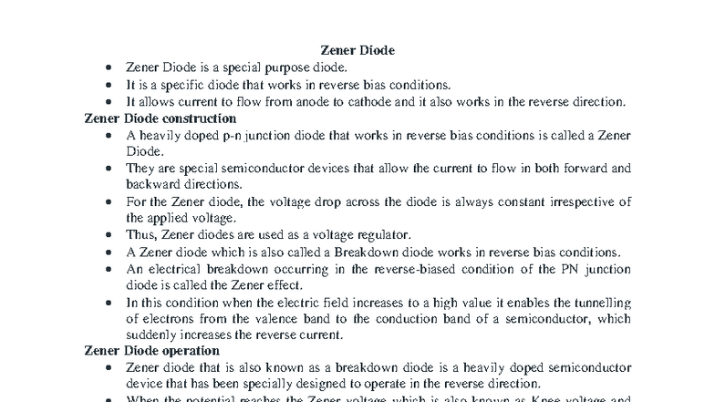 Zener Diode Overview and Characteristics - Electronics 101 - Studocu