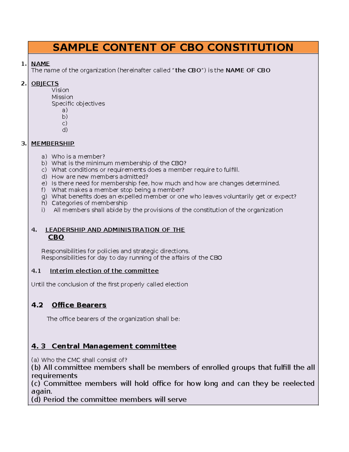 Sample CBO Constitution Document Outline and Key Details - Studocu