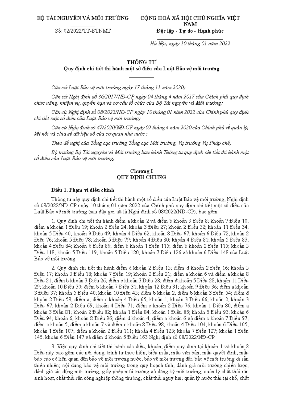 Thông tư 02/2022/TT-BTNMT: Quy định Thi Hành Luật Bảo Vệ Môi Trường - Studocu