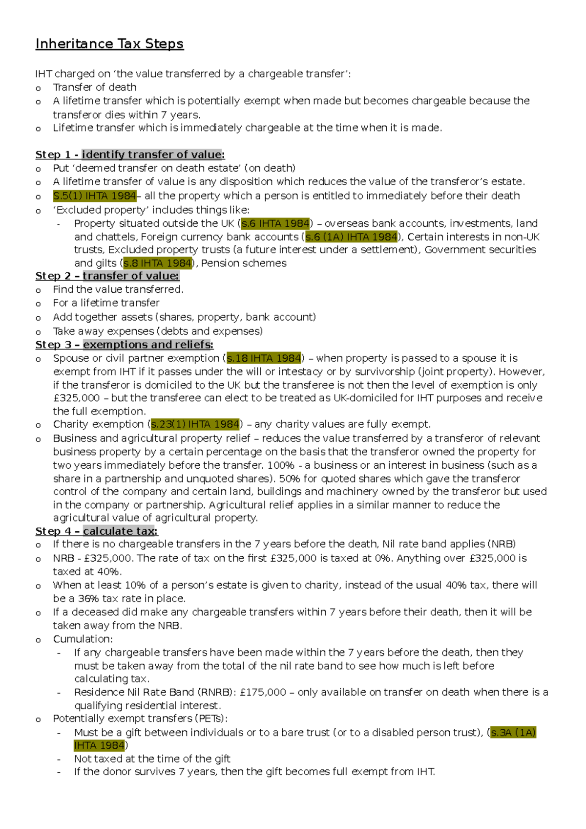 Inheritance Tax Steps IHT: Comprehensive Revision Guide - Studocu