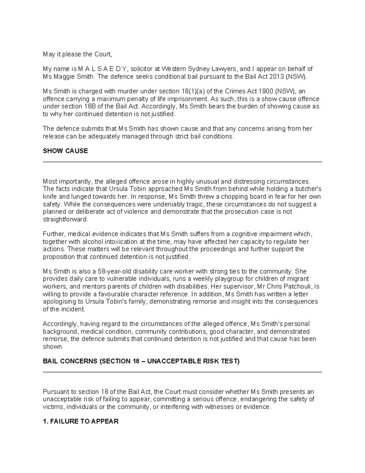 Bail Application for Ms Maggie Smith - Case Analysis and Arguments ...