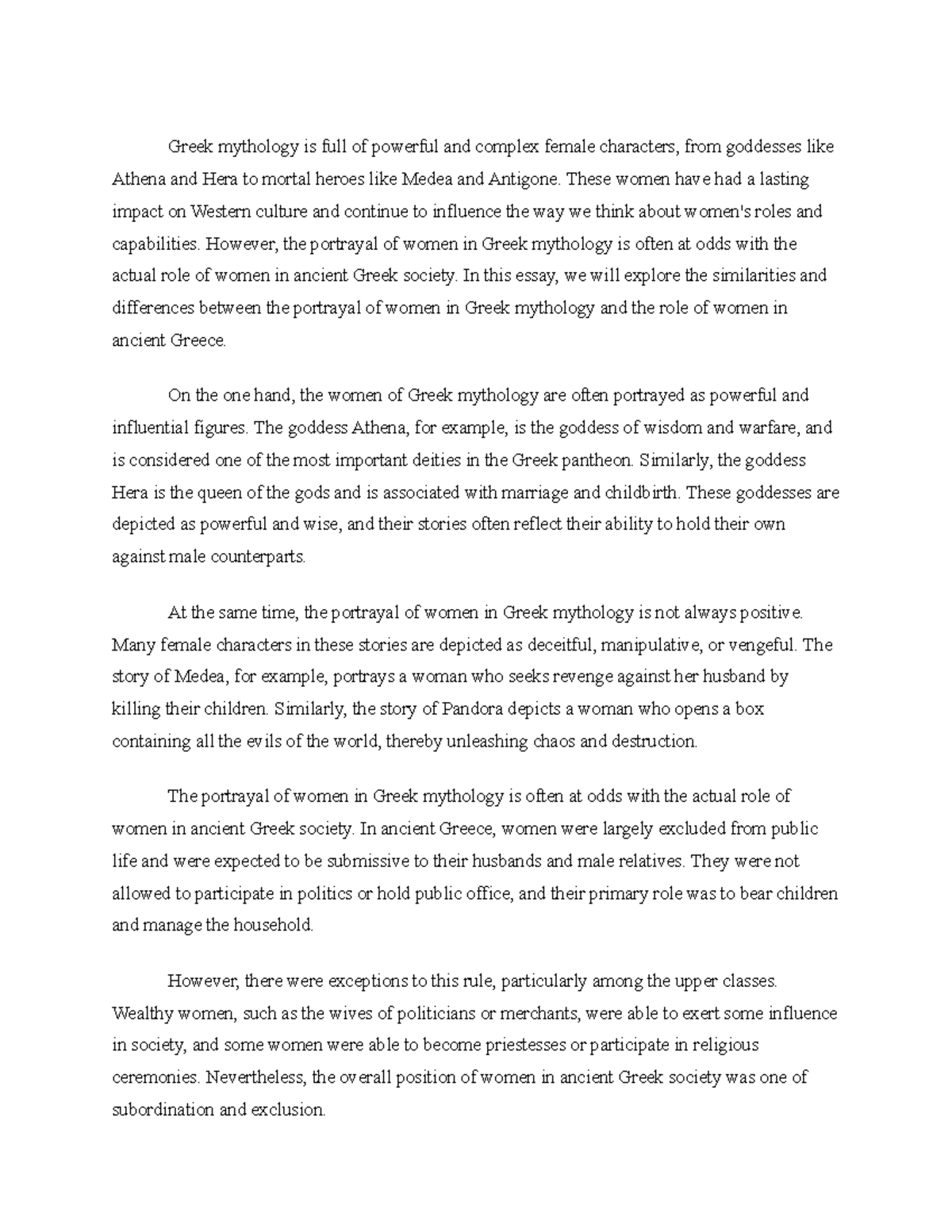 Greek Mythology vs Ancient Greece: Women's Portrayal - Essay - Studocu