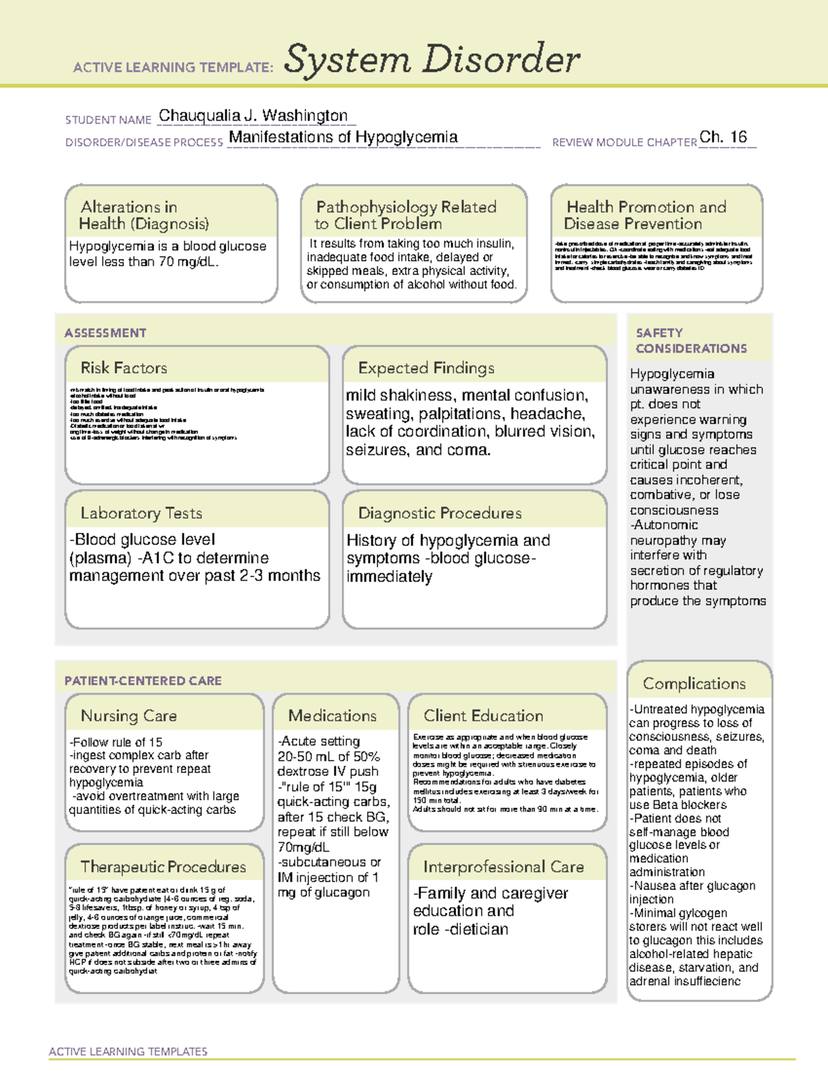 Hypoglycemia - ATI - ACTIVE LEARNING TEMPLATES System Disorder STUDENT ...