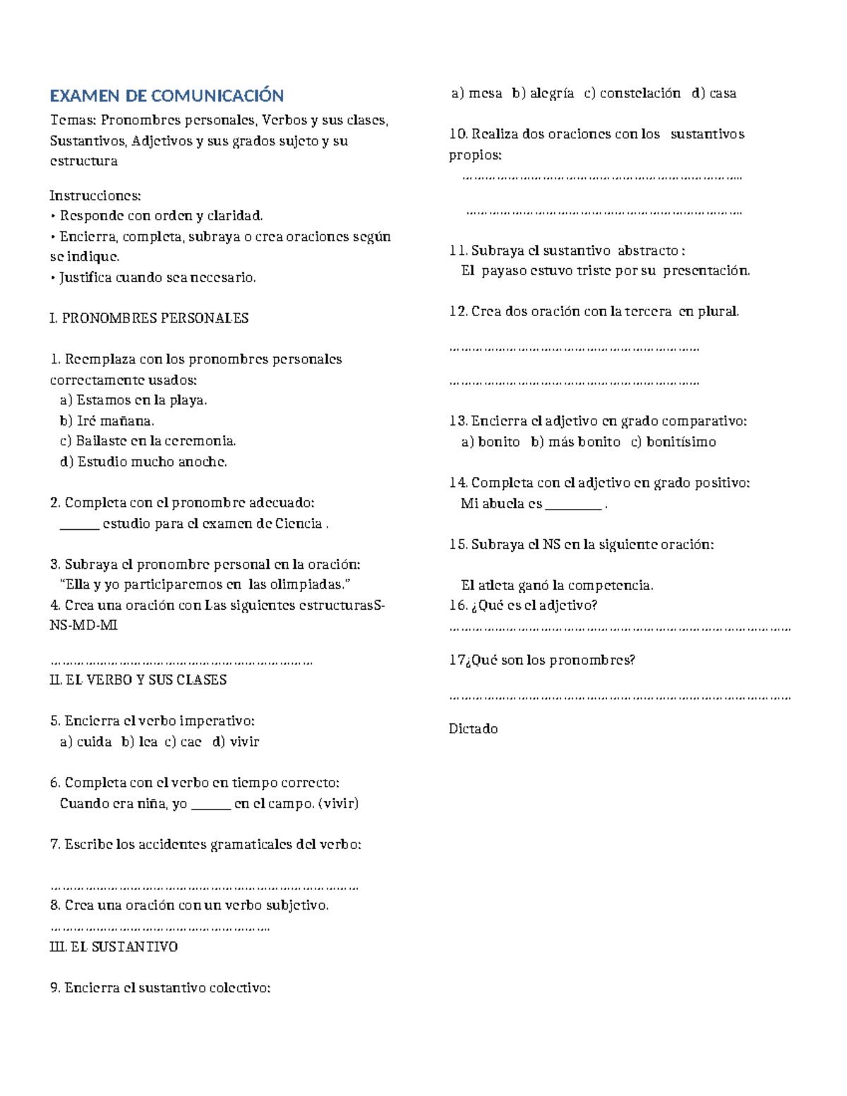 Examen Final de Comunicación: Pronombres, Verbos y Sustantivos - Studocu