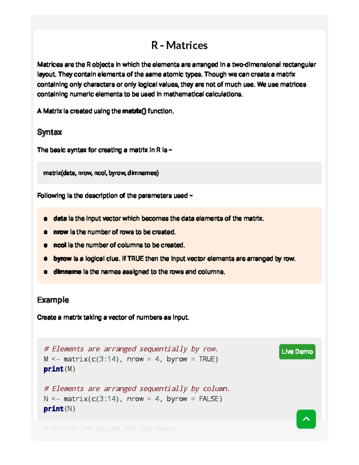 R - Matrices - R programs - R - Matrices Matrices are the R objects in ...