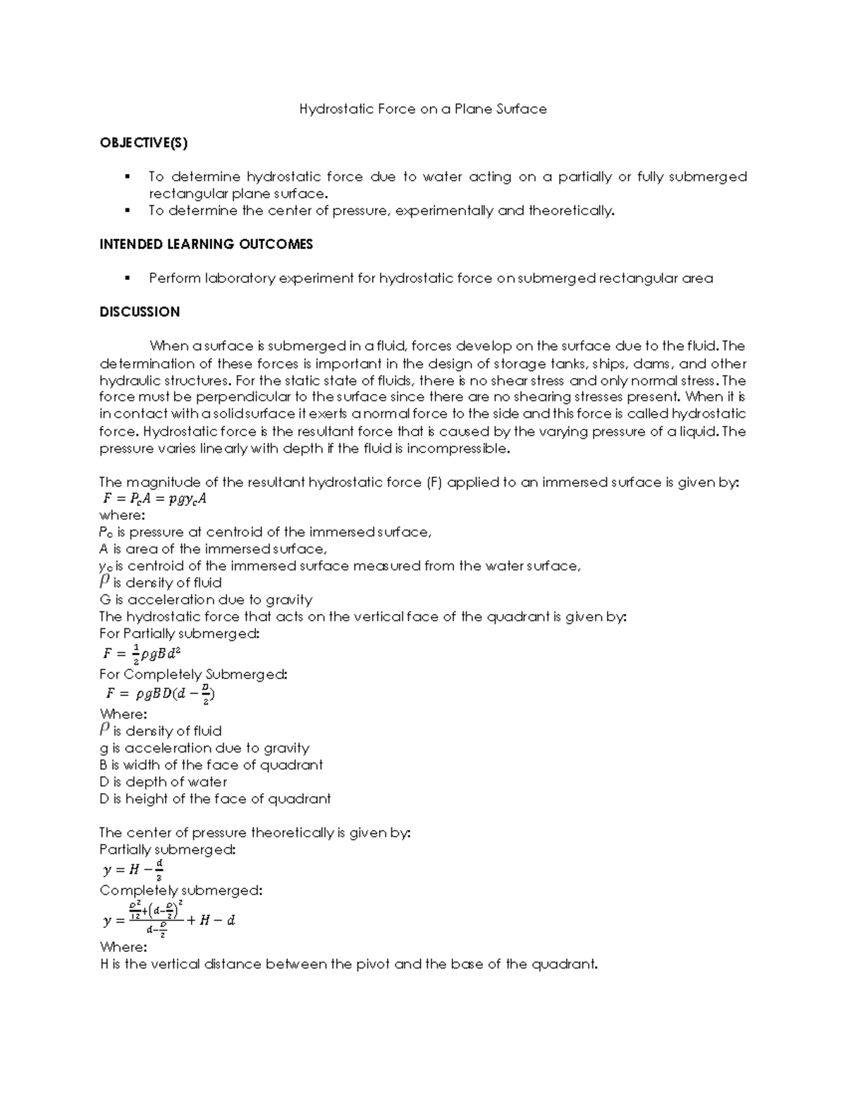 Hydrostatic Force on Plane Surfaces: Lab Report Guide - Studocu