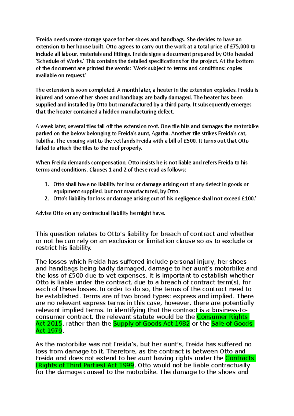 Contractual Liability and Exclusion Clauses Analysis: Problem Qn - Studocu