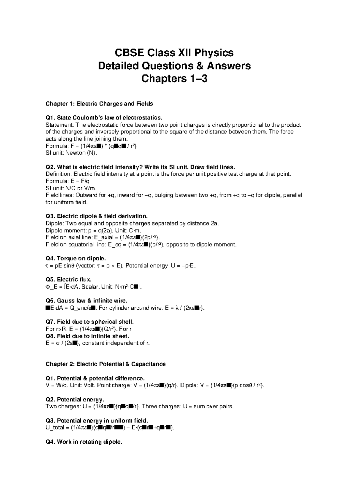 CBSE Class XII Physics Ch 1-3 Detailed Solutions and Q&A - Studocu