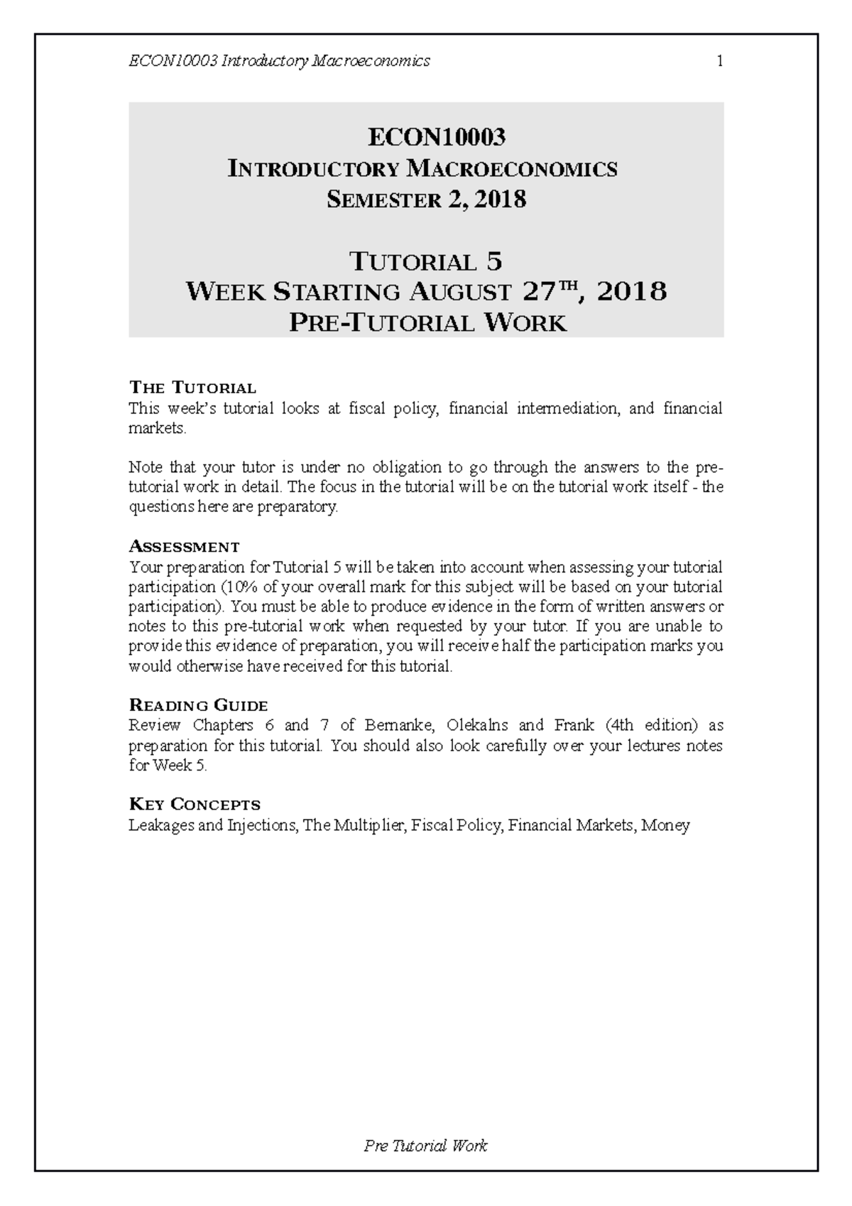 Pretutorial 5 2018 - ECON10003 Introductory Macroeconomics 1 ECON10003 ...