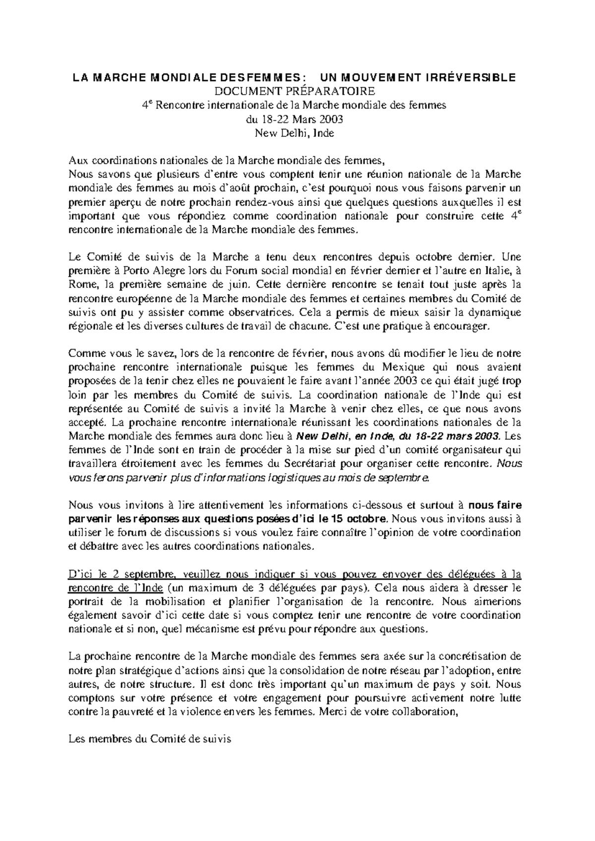 Sample 1 - LA MARCHE MONDIALE DES FEMMES : UN MOUVEMENT IRRÉVERSIBLE ...