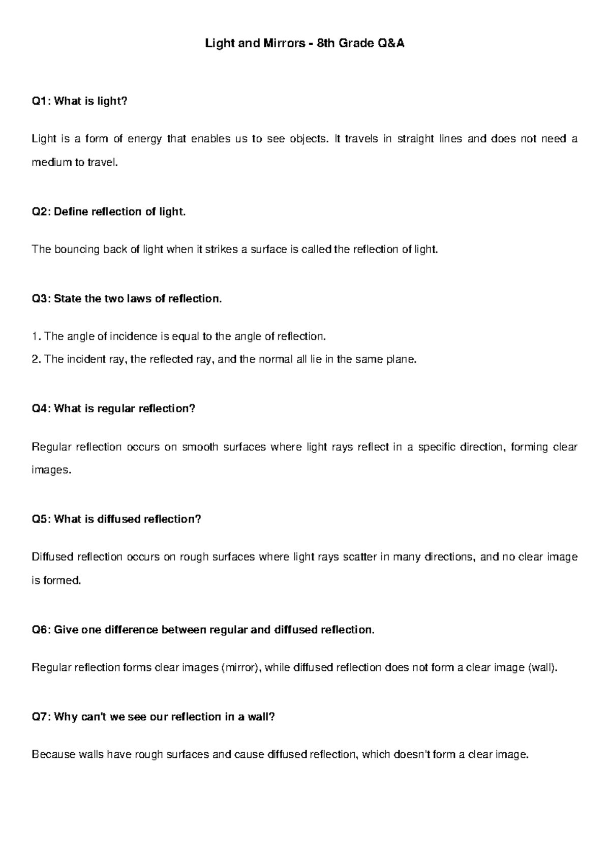 Light and Mirrors 8th Grade Q1-Q7: Reflection Concepts Explained - Studocu