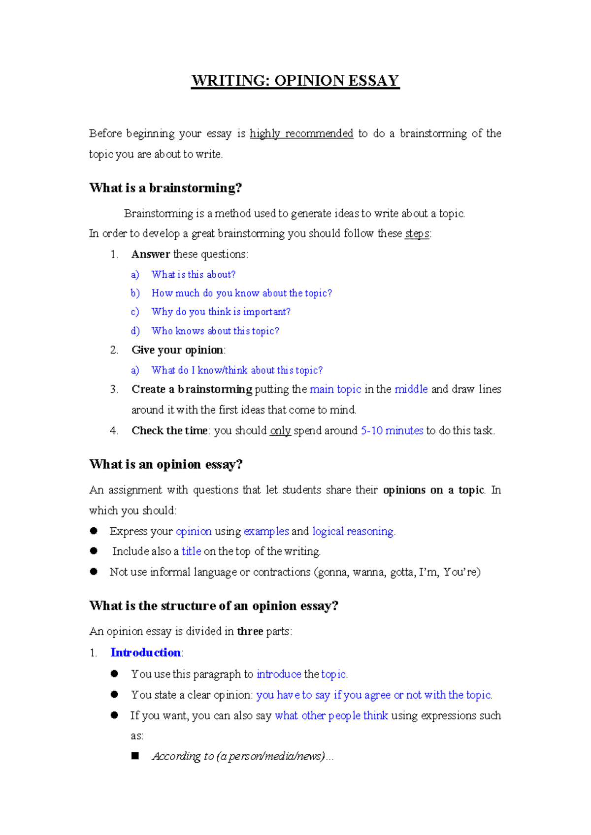 Opinion Essay Summary - WRITING: OPINION ESSAY Before beginning your ...