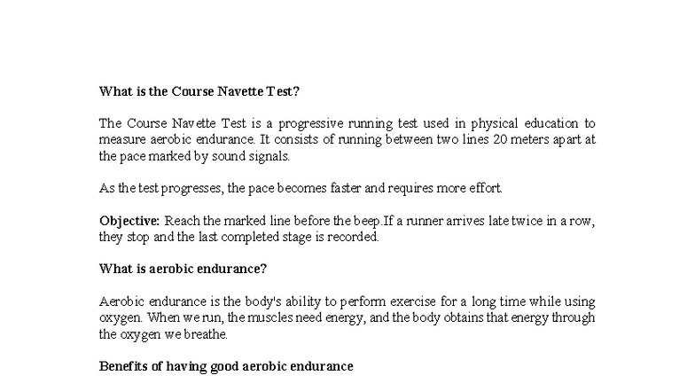 Understanding the Course Navette Test: Aerobic Endurance Insights - Studocu