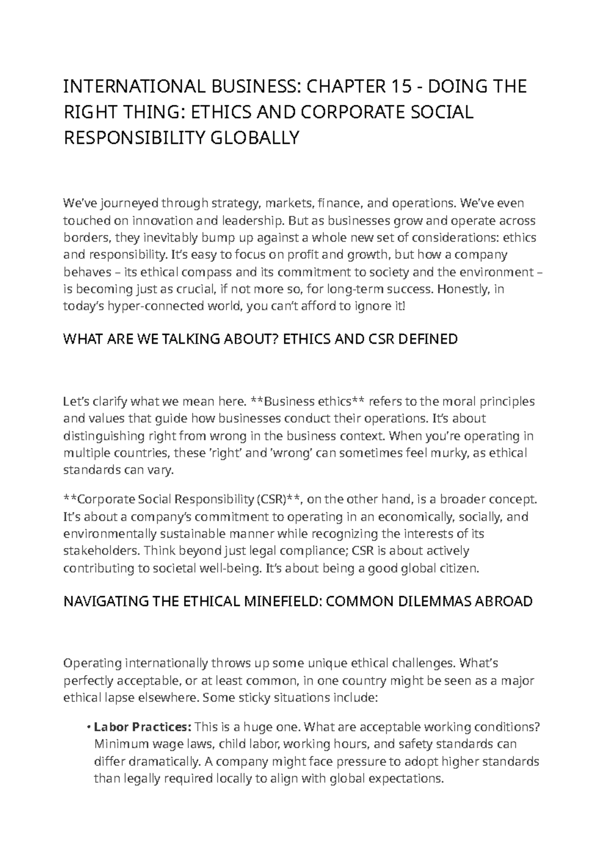 INTERNATIONAL BUSINESS: CHAPTER 15 ETHICS & CSR IN GLOBAL MARKETS - Studocu