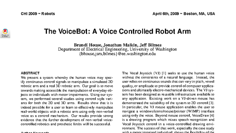 CHI 2009: The VoiceBot - A Voice-Controlled Robotic Arm Study - Studocu