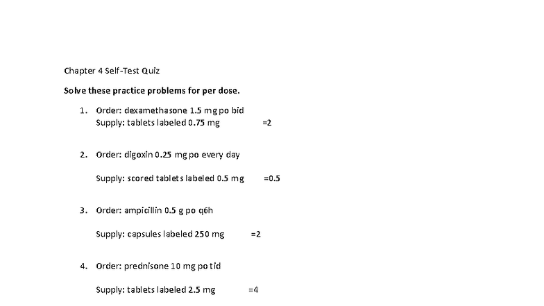 Chapter 4 Quiz: Med Math Practice Problems for Dosing - Studocu