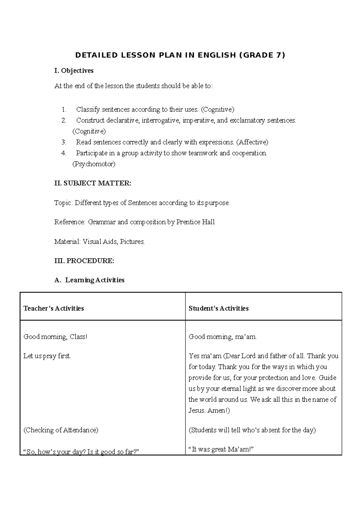 Detailed Lesson Plan: Types of Sentences for English G7 - Studocu
