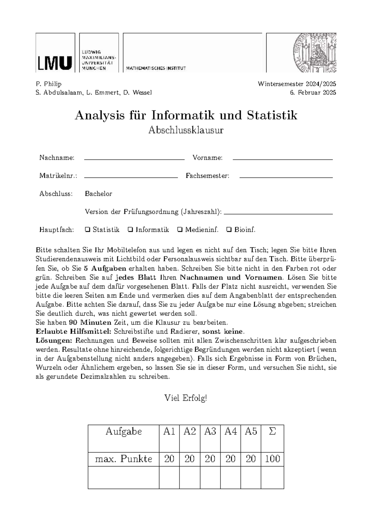 Altklausur: Analyse für Informatik und Statistik (WS 2025) - Studocu