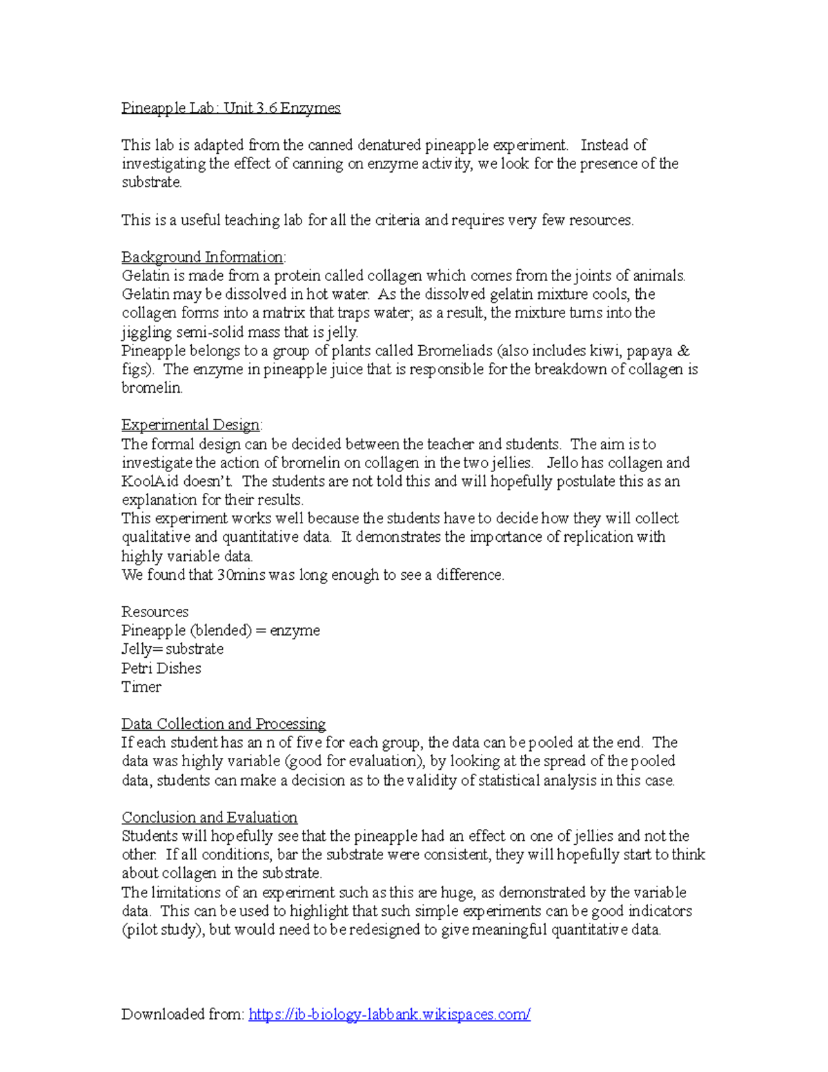 Pineapple Lab Enzymes - lab handout - Pineapple Lab: Unit 3 Enzymes ...
